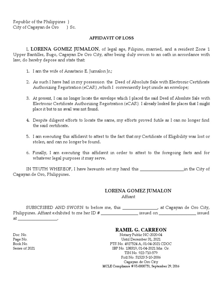 Affidavit of Loss Ecar | Download Free PDF | Affidavit | Legal ...