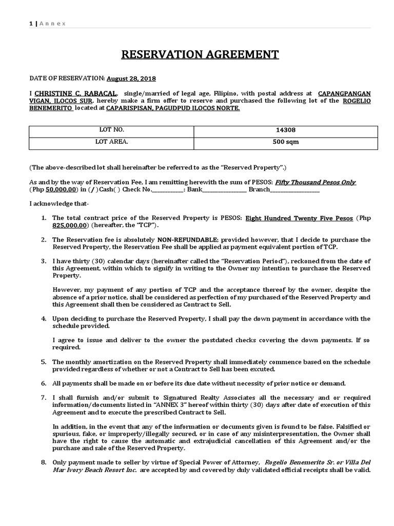 Non-Refundable Property Reservation Agreement | PDF | Payments | Common Law