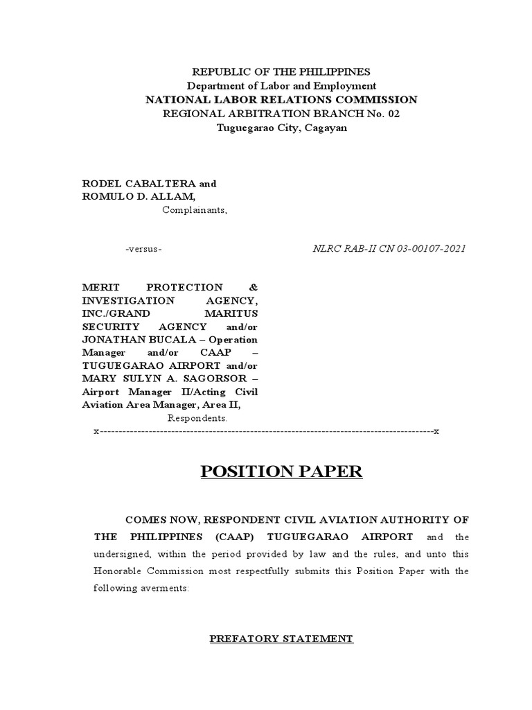 NLRC Position Paper - 3 Cabaltera, Et Al | PDF | Indemnity | Employment