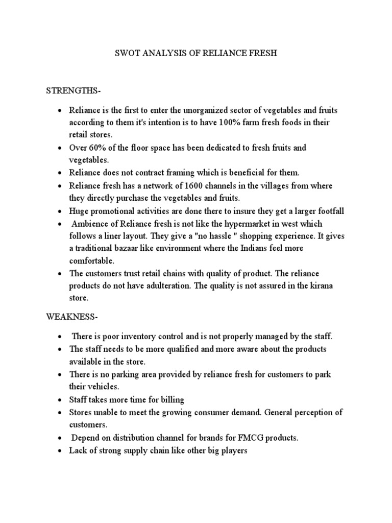 Swot Analysis of Reliance Fresh | PDF | Retail | Supply Chain Management