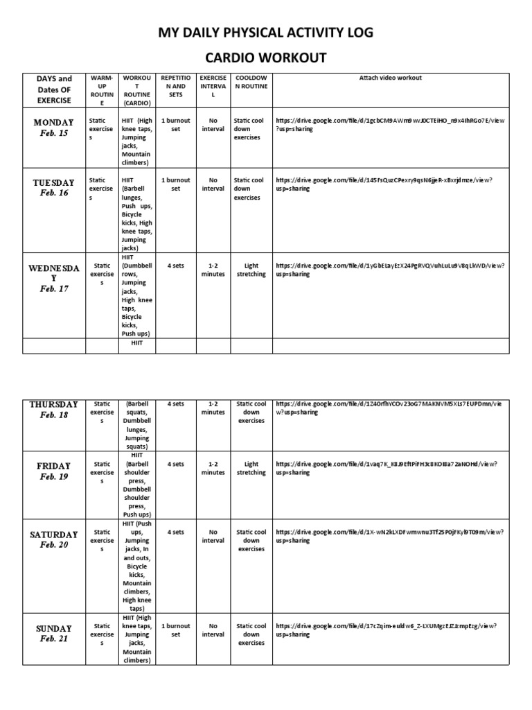 My Daily Physical Activity Log | PDF | Determinants Of Health ...