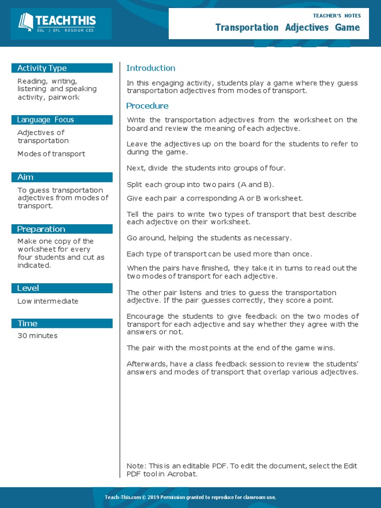 2 Transportation Adjectives Game | PDF | Train | Car
