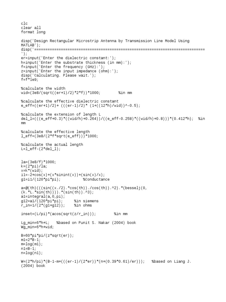 Matlab Code For Rectangular Patch Antenna | PDF
