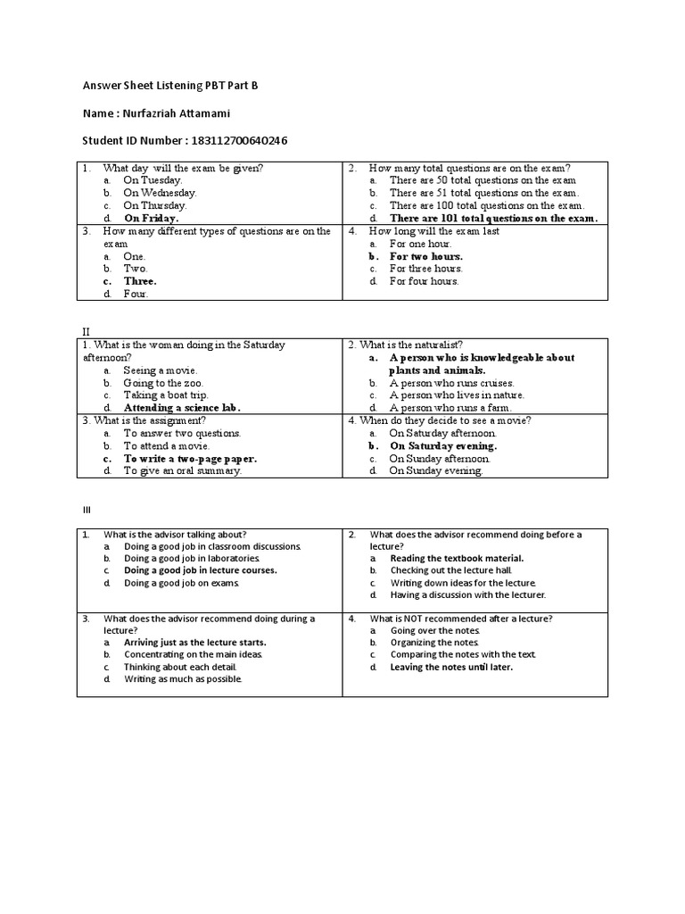 Answer Sheet Listening Part B | PDF | Lecture | Test (Assessment)