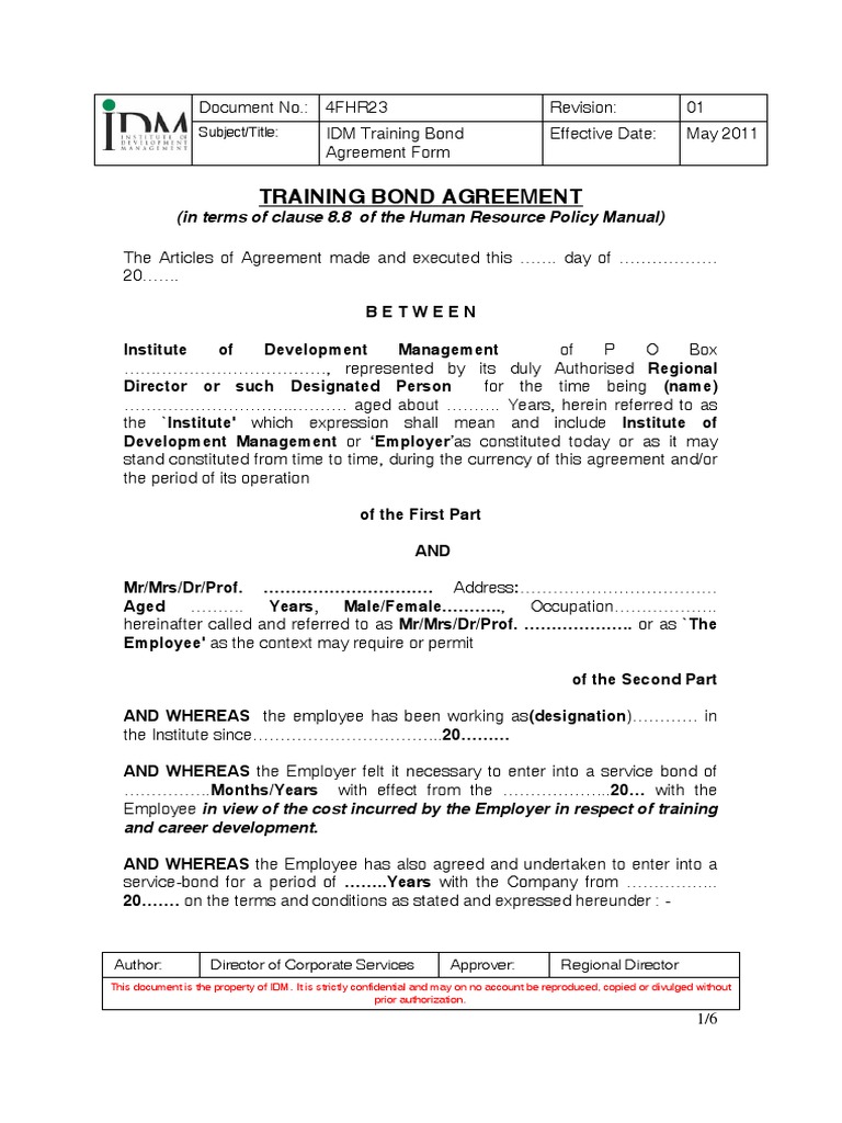 IDM Training Bond Agreement Form | PDF | Damages | Employment