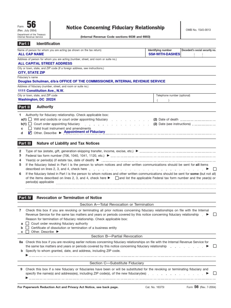 IRS Form 56: Fiduciary Relationship Notice | PDF | Internal Revenue ...
