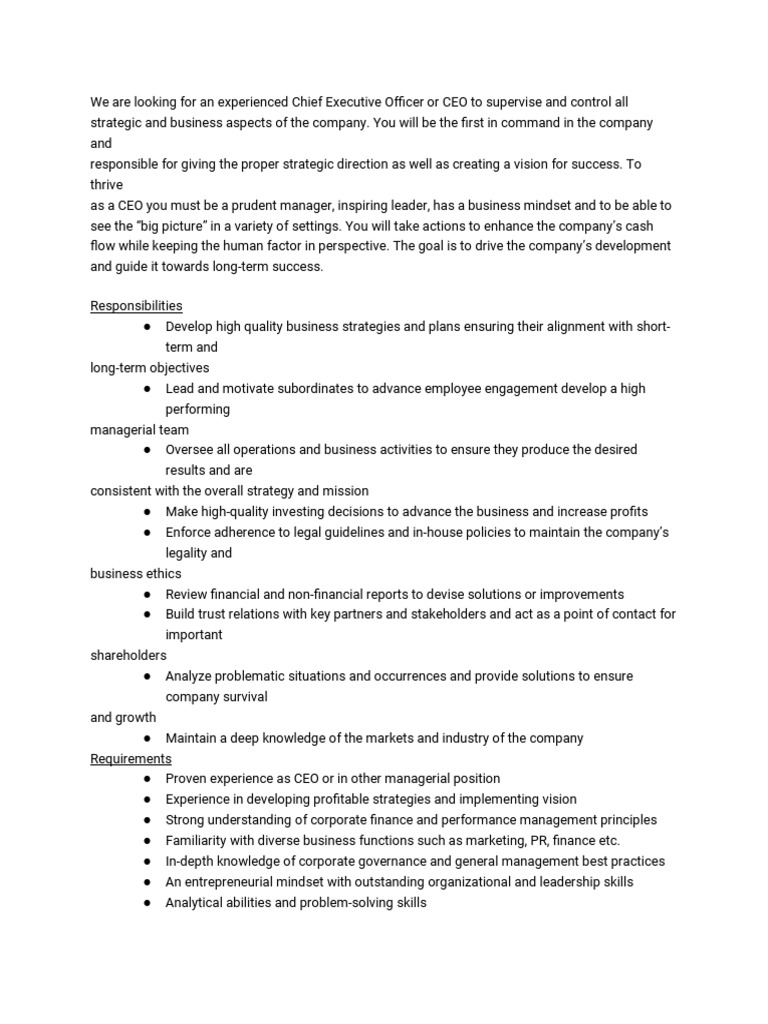 CEO Job Description | PDF | Chief Executive Officer | Leadership