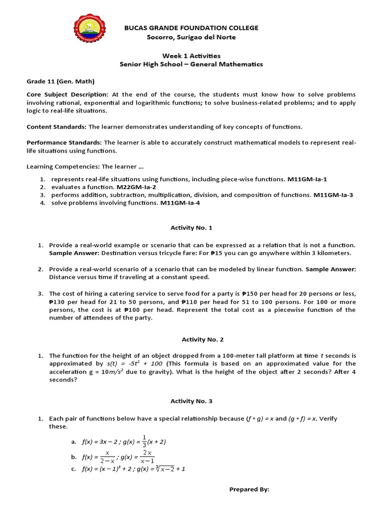 Senior High School General Mathematics Activities | PDF | Function ...
