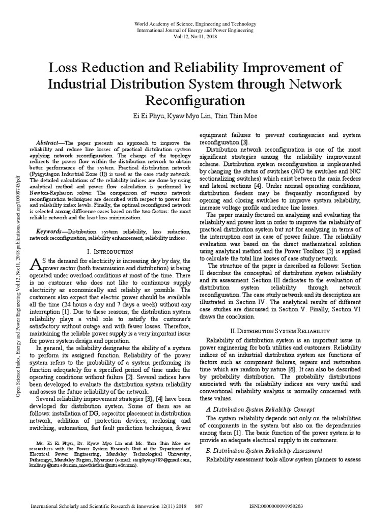 Loss Reduction And Reliability Improvement Of Industrial Distribution System Through Network