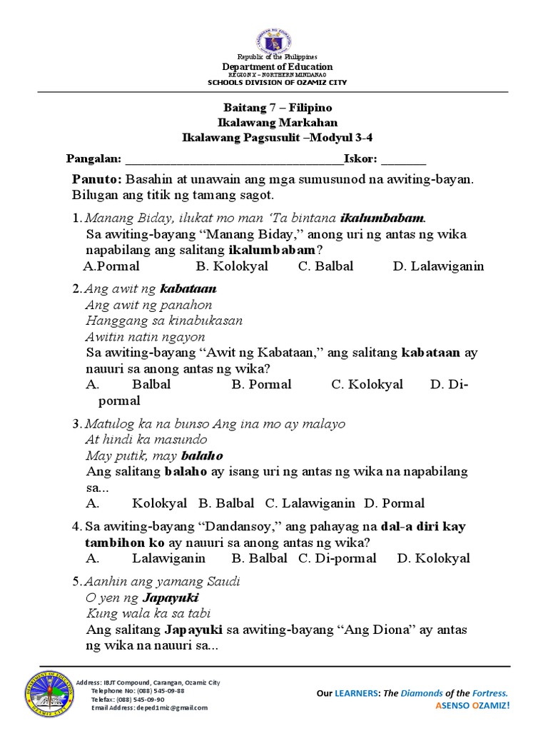 Filipino 7 Pagsusulit 2 Modyul 3 4. Docx Edited | PDF