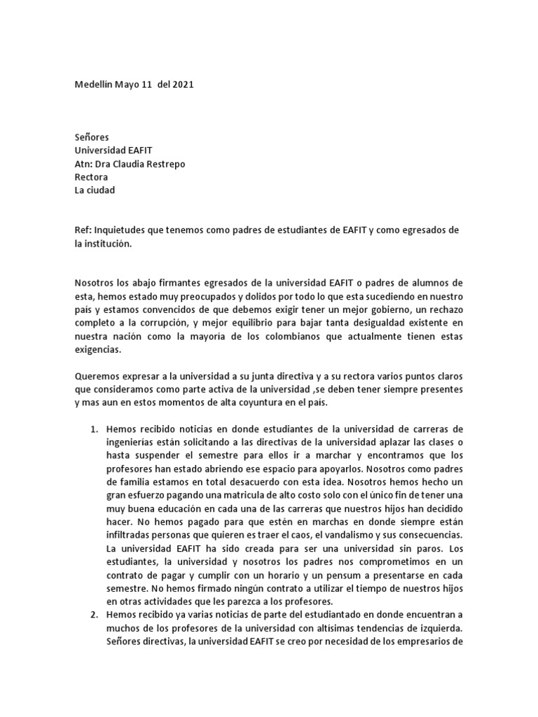 Carta A Rectora de Universidad Eafit Dra Claudia Restrepo Mayo 11 Del 2021 | Descargar gratis ...