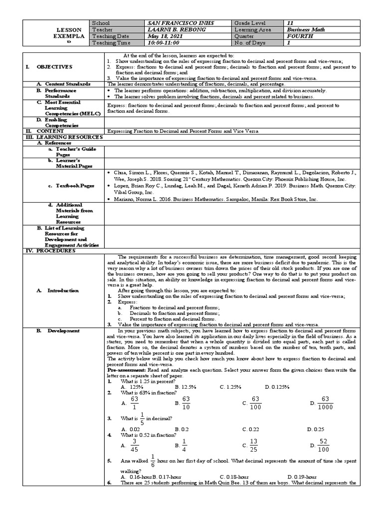 Lesson Exempla R: School Grade Level Teacher Learning Area Teaching ...