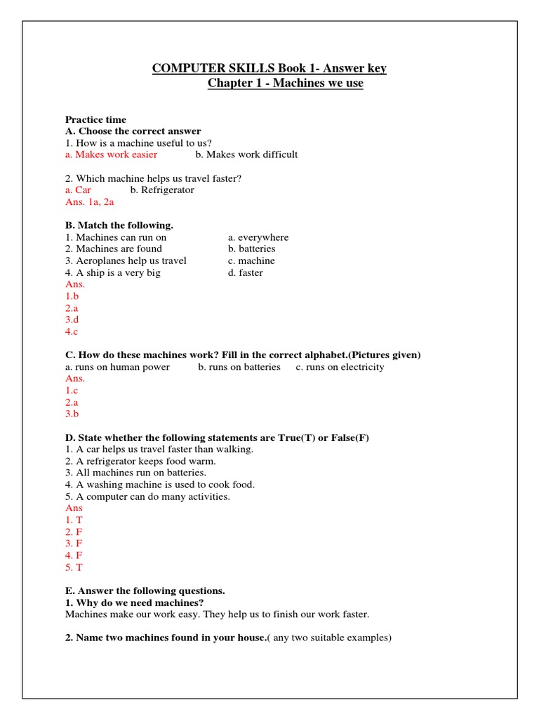 COMPUTER SKILLS Book 1-Answer Key Chapter 1 - Machines We Use | PDF ...