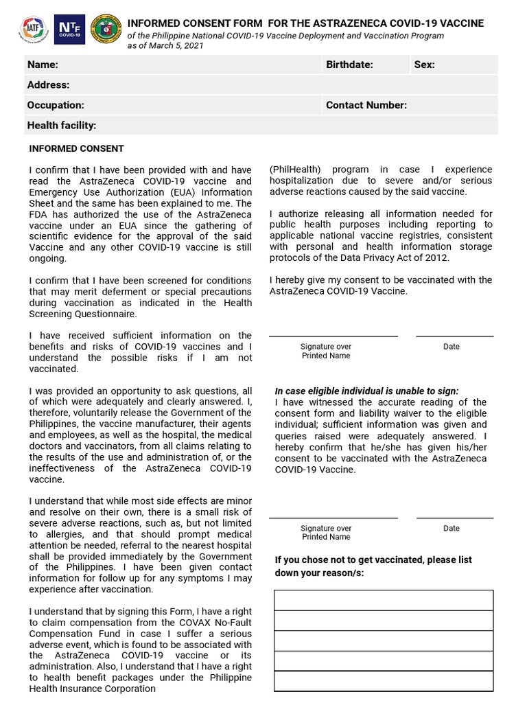 ASTRAZENECA Informed Consent Form - Eng March 5 2021 | PDF | Consent ...