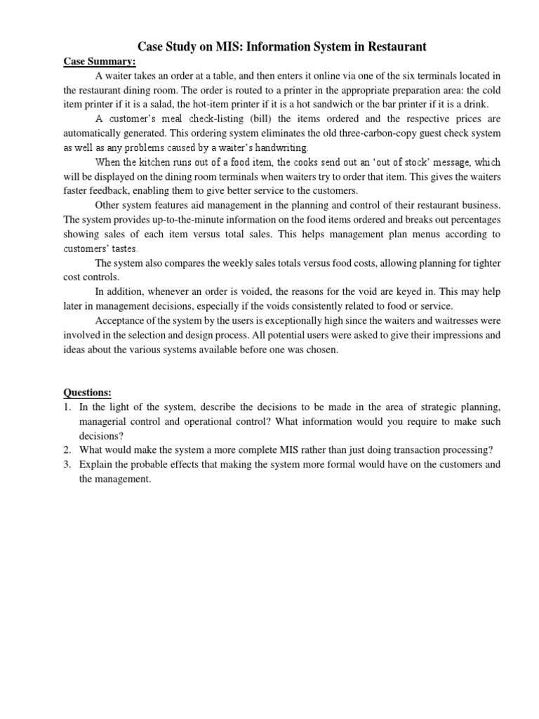 MIS Case Study: Restaurant Ordering System | PDF
