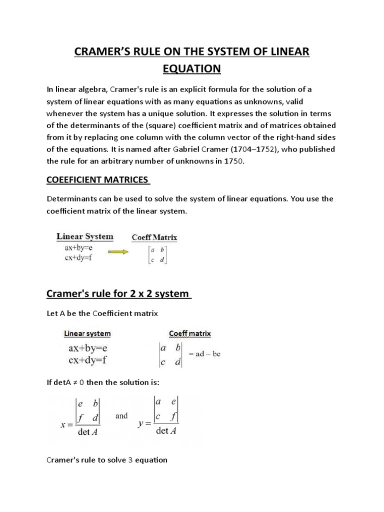 Cramer'S Rule On The System of Linear Equation: Coeeficient Matrices | PDF