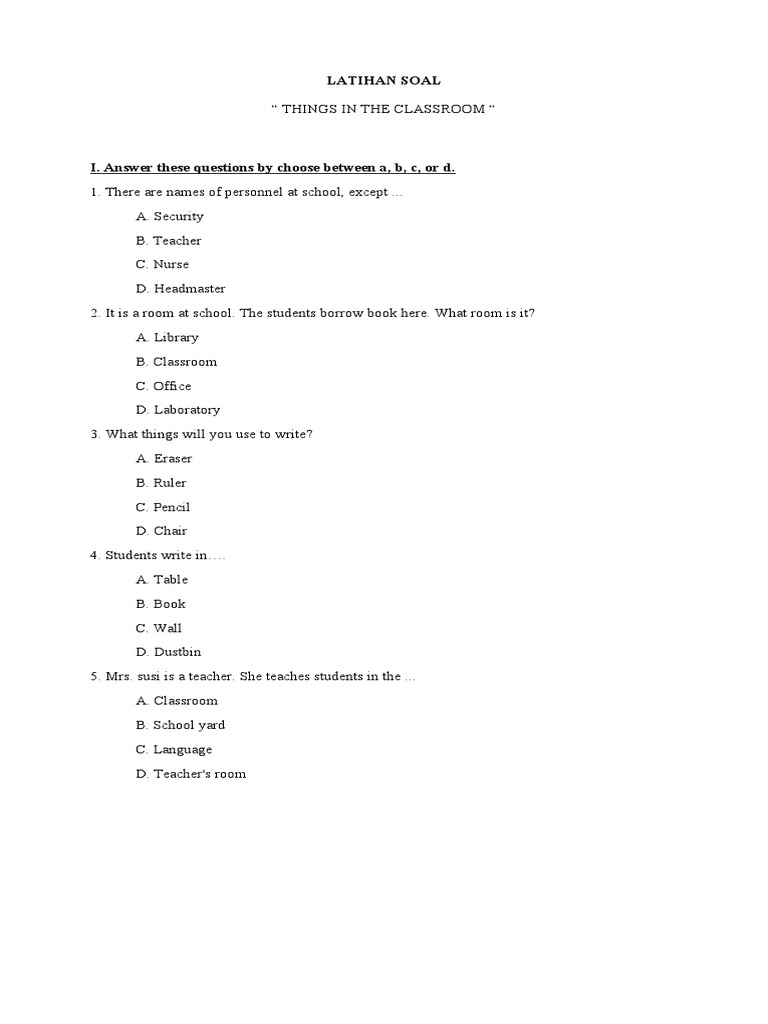 LATIHAN SOAL - Things in The Classroom | PDF