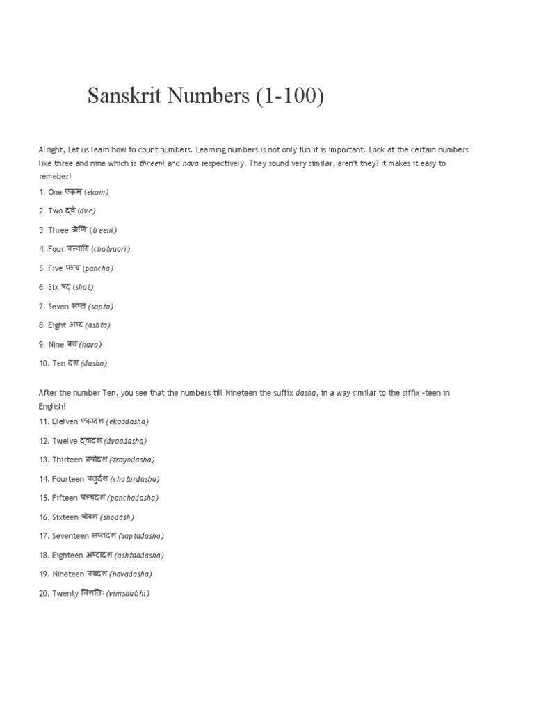 Sanskrit Numbers (1-100) : (Chaturdasha) | PDF | Linguistic Morphology ...