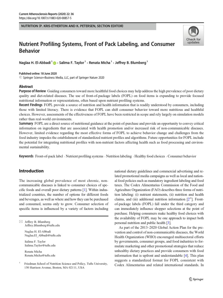 2.nutrient Profiling Systems, Front of Pack Labeling, and Consumer ...