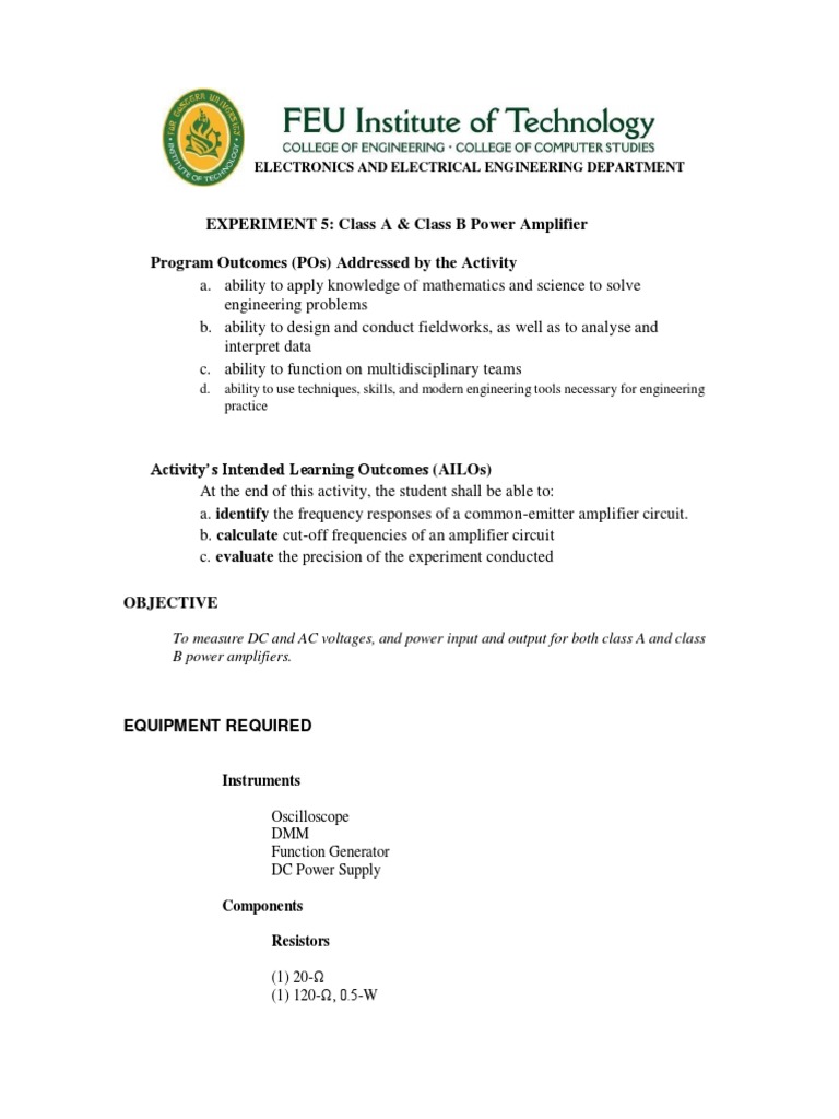 (ELECS2) Exp5 - Class A and Class B Power Amplifier - The GWAPINGS ...