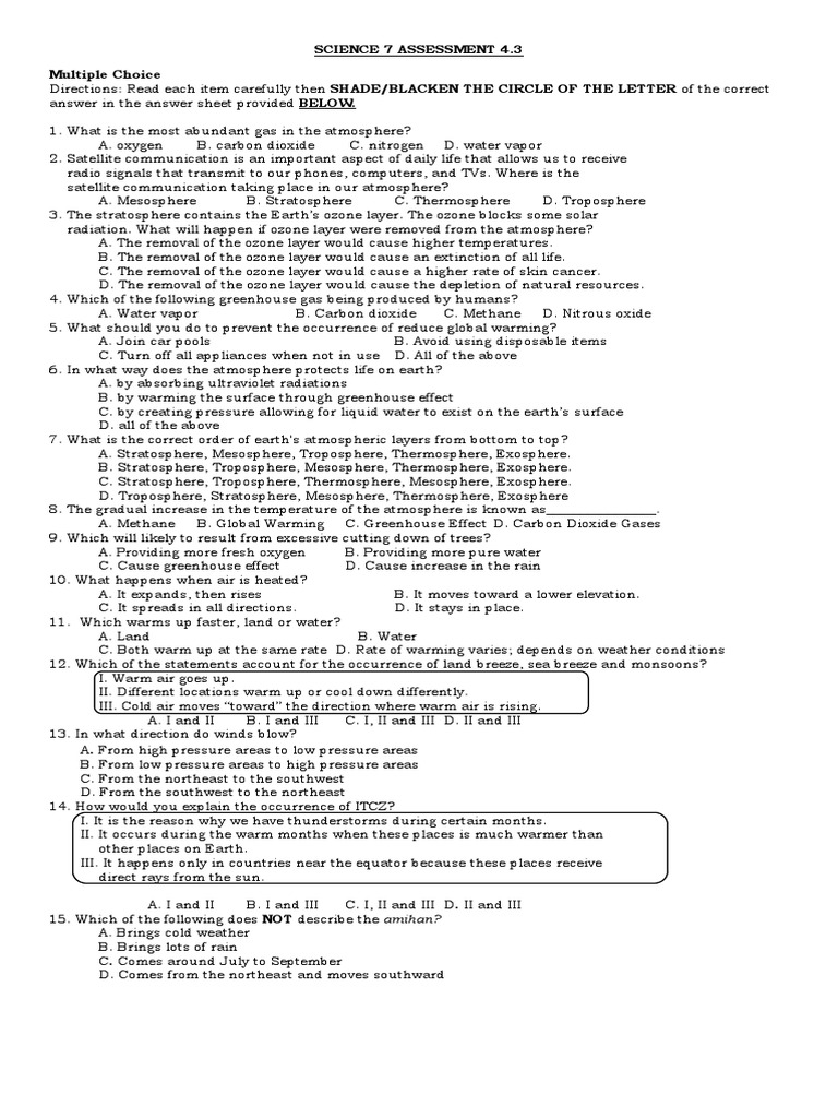 Science 7 Atmospheric Assessment Quiz | PDF | Atmosphere Of Earth ...