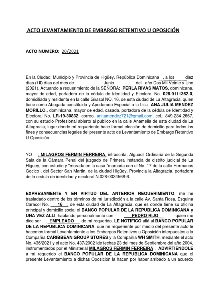 Acto Levantamiento de Embargo Retentivo U Oposición | PDF | República ...