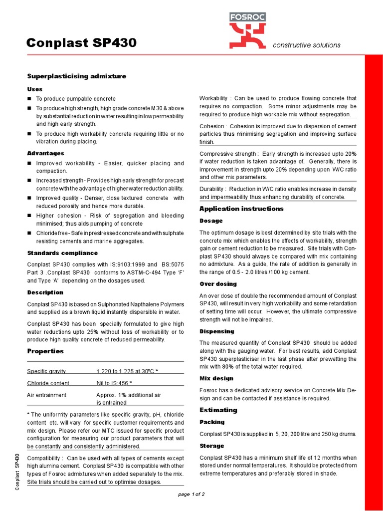 TDS - Conplast SP430 - India | PDF | Concrete | Cement