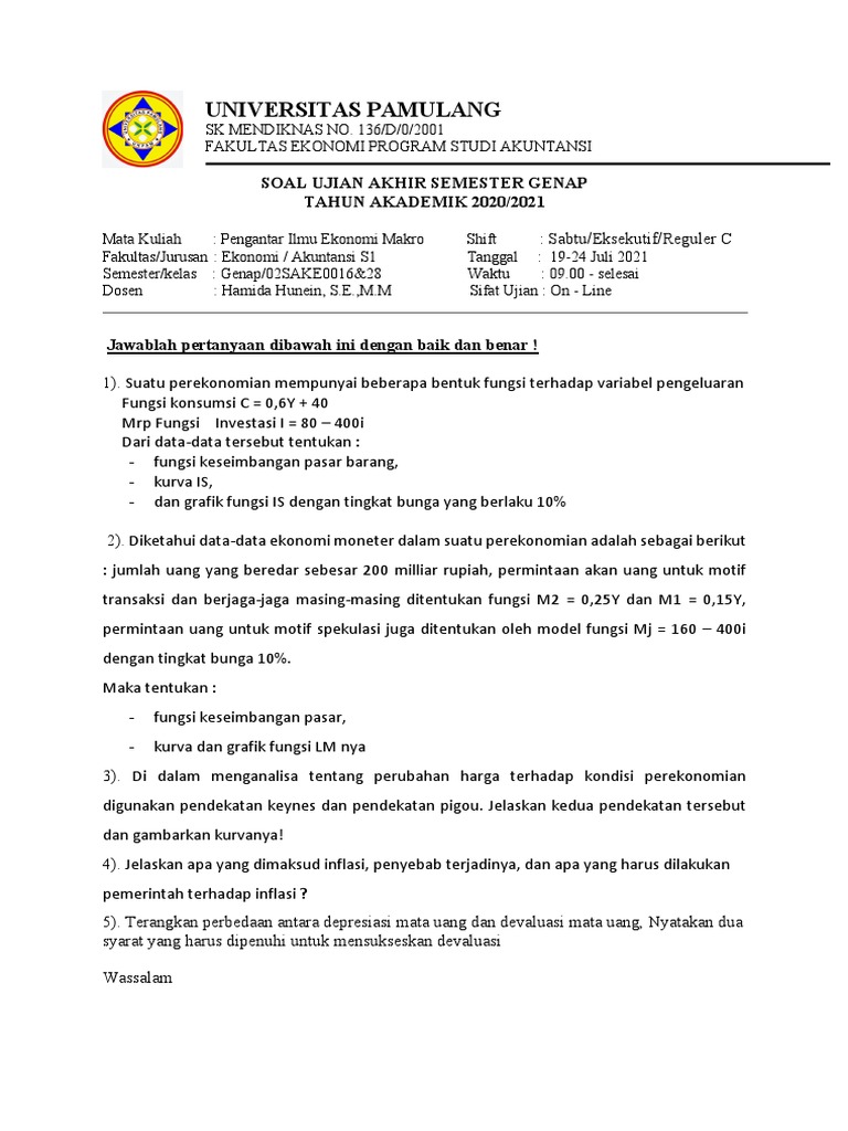 Soal UAS Pengantar Ilmu Ekonomi Makro Reg C 2021 02sake1620 | PDF