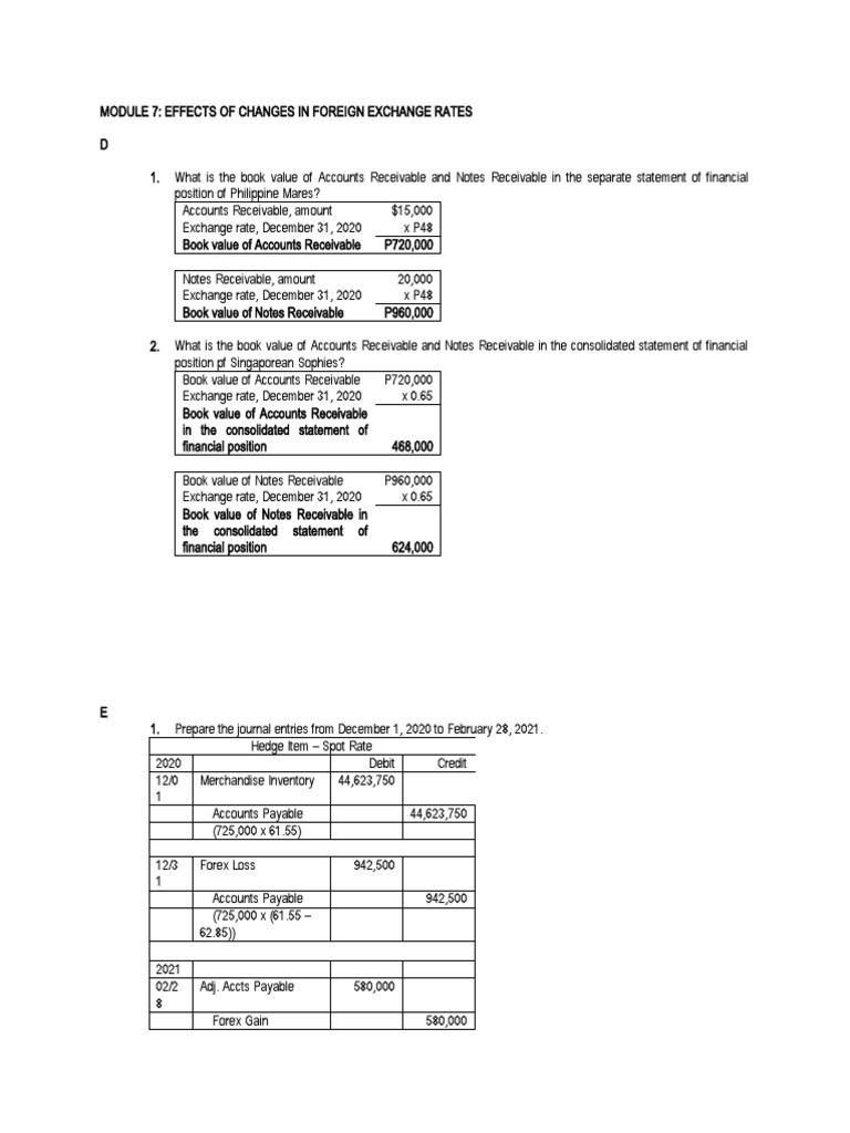 Module 7 - Prob D-E Valuation and Concepts Answers | PDF | Book Value | Foreign Exchange Market