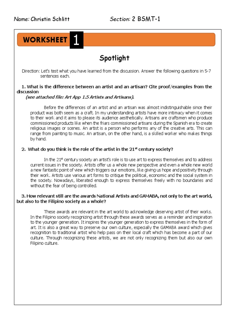 Worksheet: Spotlight | PDF | Weaving | Sculpture