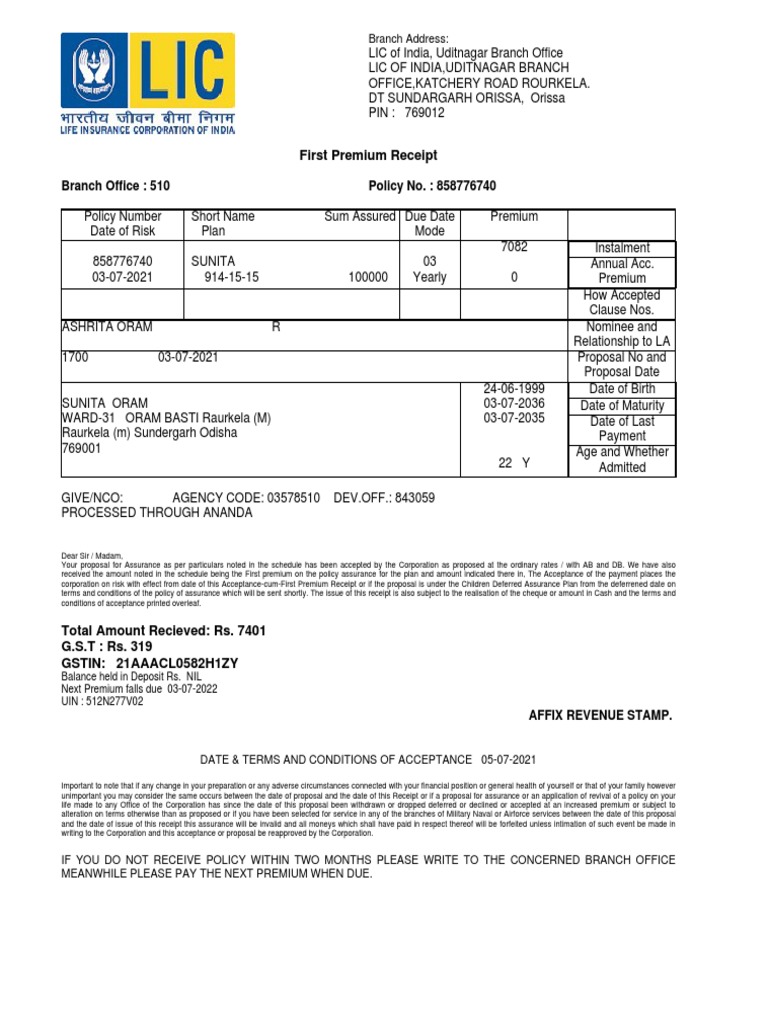 LIC Uditnagar Branch First Premium Receipt | PDF | Insurance ...