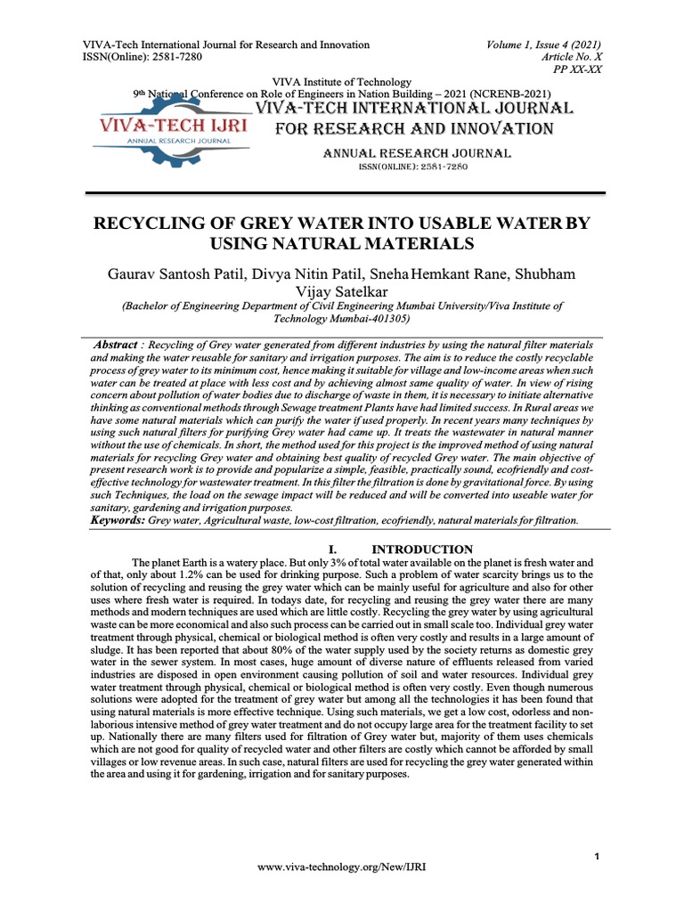 Recycling of Grey Water Into Usable Water by Using Natural Materials ...