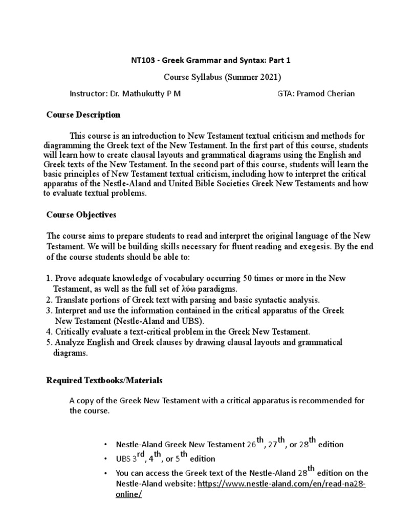 NT103 - Greek Grammar and Syntax: Part 1 | PDF | Parsing | New Testament