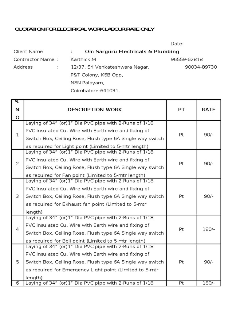 Quotation For Electrical Work Labour Rate Only Compress | PDF | Switch ...
