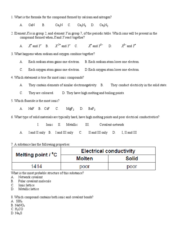 Bonding Quiz | PDF | Ionic Bonding | Chemical Bond