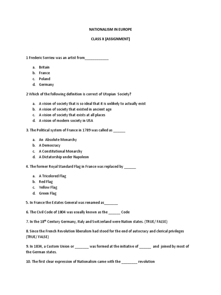 NATIONALISM IN EUROPE Class 10 Worksheet | PDF | History