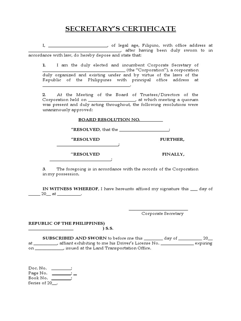 Secretary's certificate of board resolutions | PDF