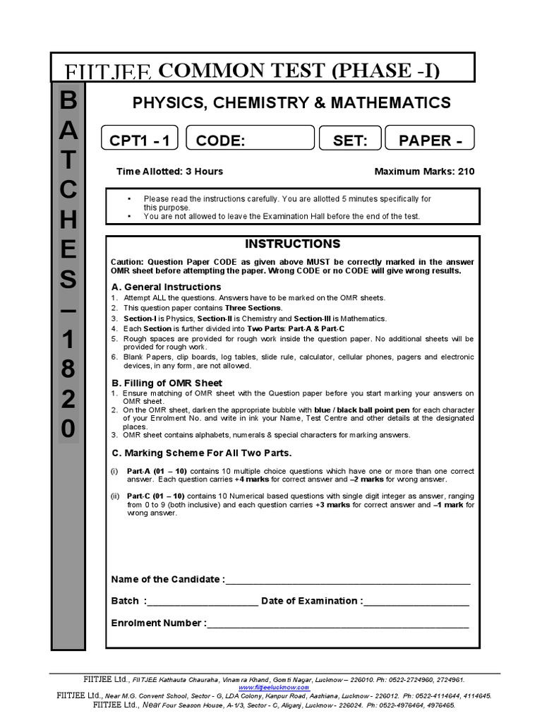 FIITJEE COMMON TEST (PHASE -I) PHYSICS, CHEMISTRY & MATHEMATICS | PDF ...