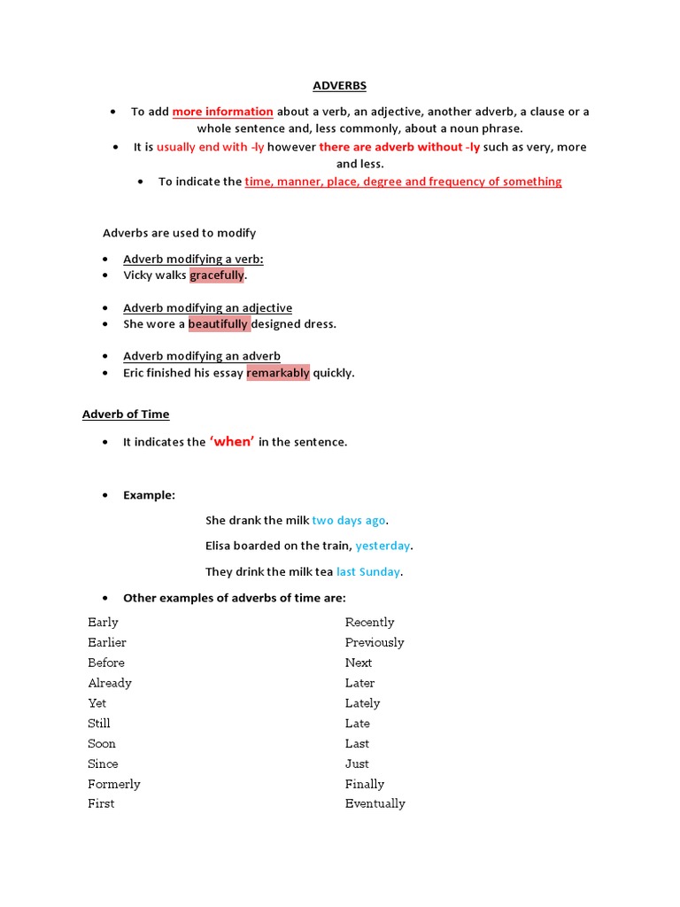 Adverbs Time Place Manners | PDF | Adverb | Syntax