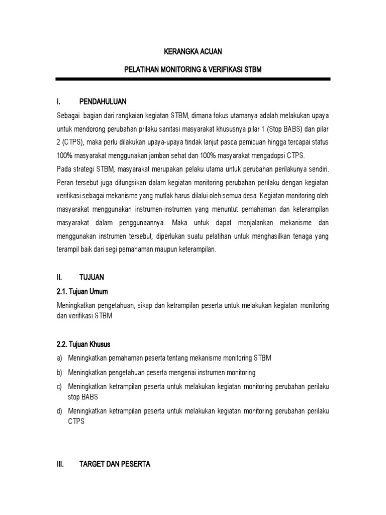 TOR Pelatihan Monitoring & Verifikasi SBS Dan CTPS | PDF