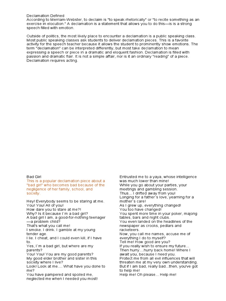 This Is A Popular Declamation Piece About A "Bad Girl" Who Becomes Bad ...