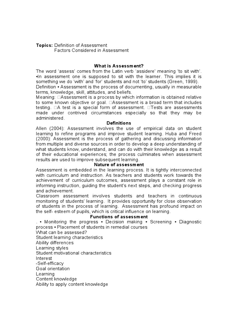 Topics: Definition of Assessment | PDF | Educational Assessment | Pedagogy
