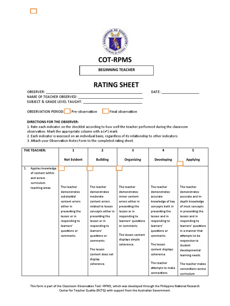 Classroom Observation Tool COT | PDF | Educational Assessment | Teachers