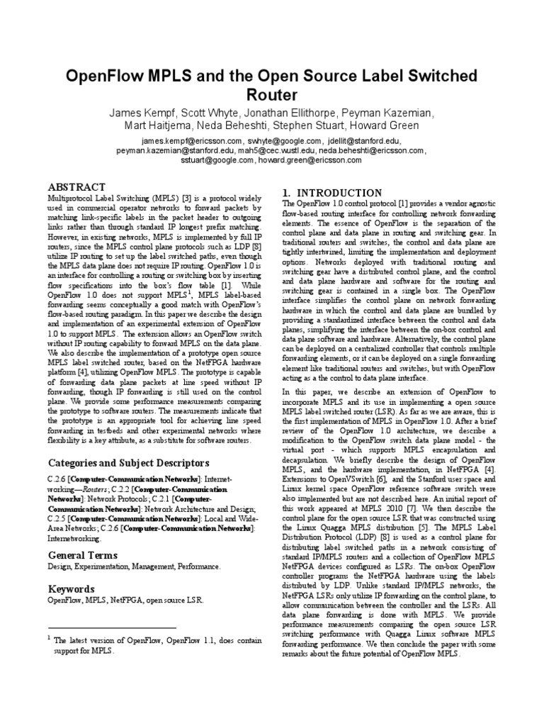 Openflow Mpls and The Open Source Label Switched Router | PDF | Multiprotocol Label Switching ...
