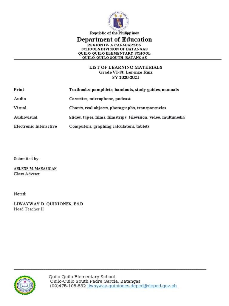 List of Learning Materials | PDF