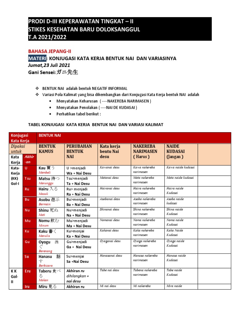 Materi Konjugasi Kata Kerja Bentuk Nai Dan Variasinya | PDF