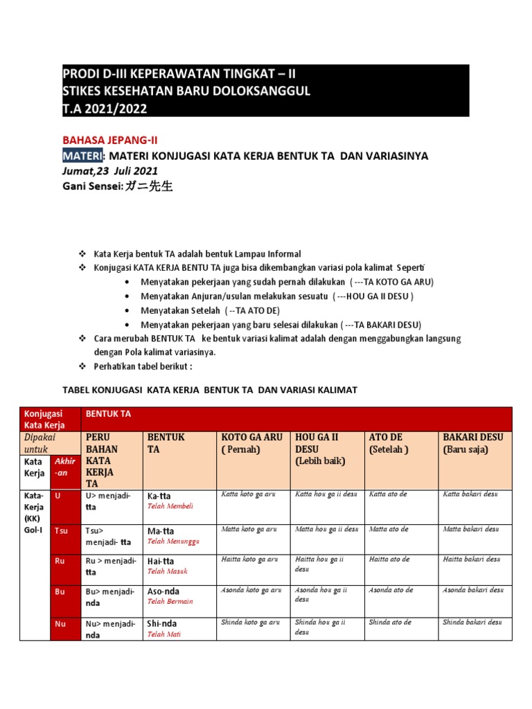 Materi Konjugasi Kata Kerja Bentuk Ta Dan Variasinya | PDF