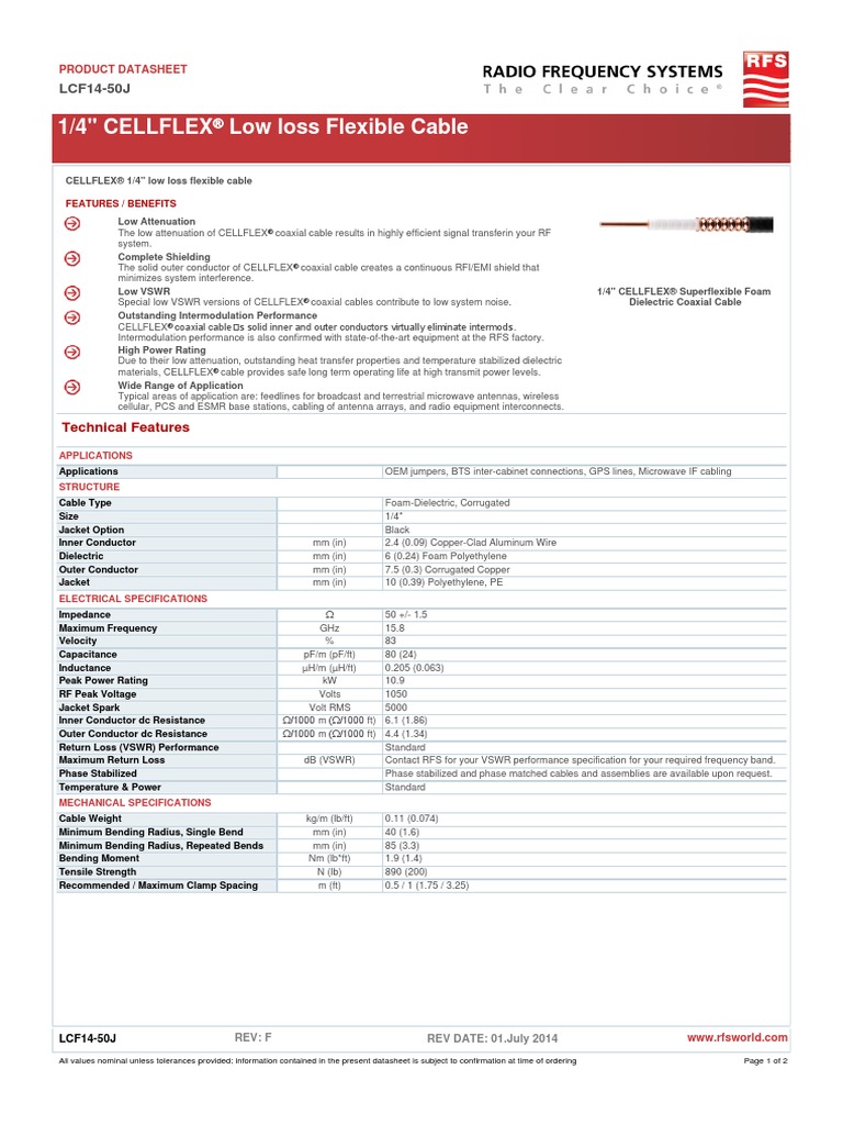 1/4" Cellflex Low Loss Flexible Cable: LCF14-50J | PDF | Coaxial Cable ...