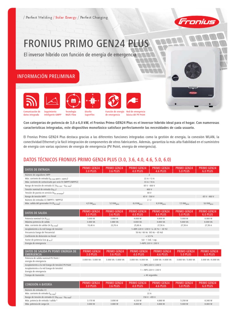 Ficha Técnica Fronius Primo Gen 24 3KW A 6KW | PDF | Ingenieria Eléctrica | Cantidades fisicas
