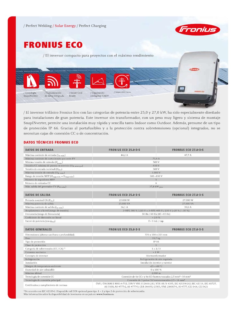 Ficha Técnica Inversor Fronius Eco 25 - 27 | PDF